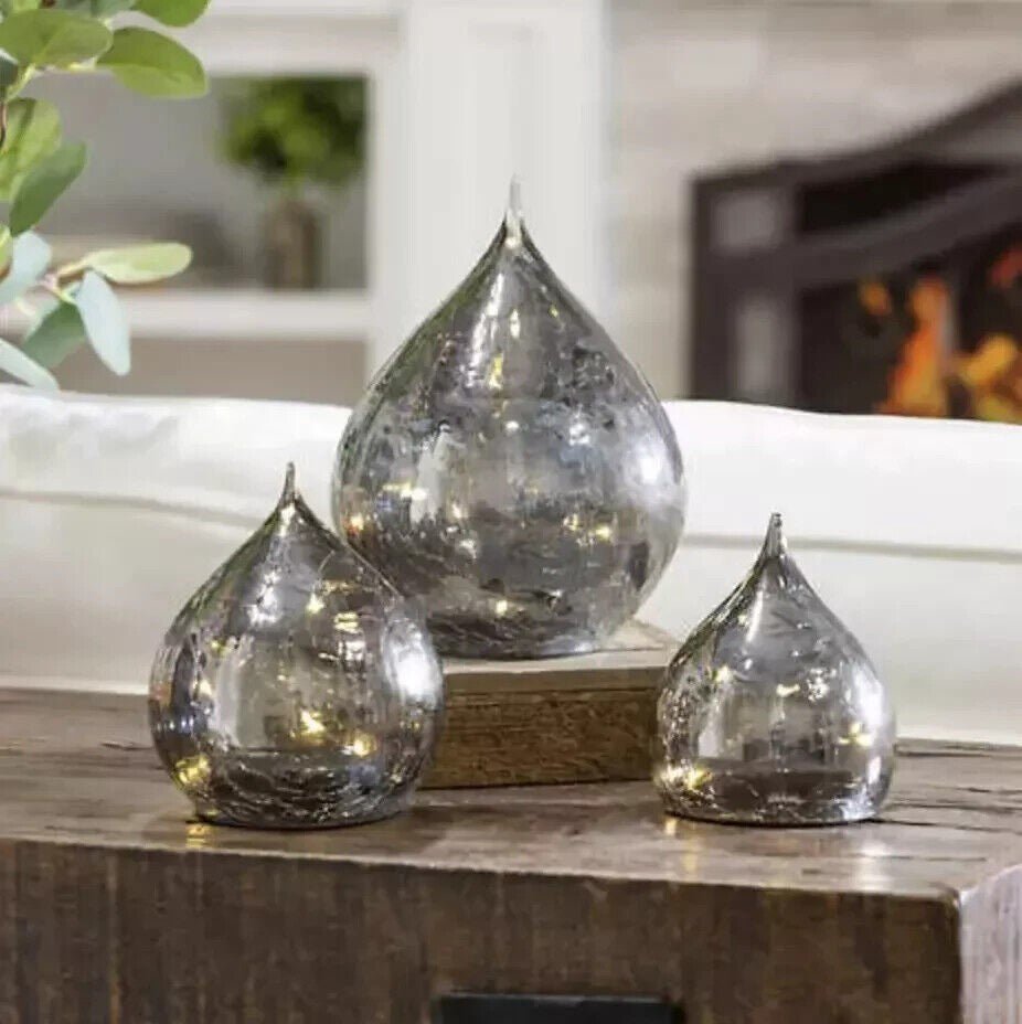 Evergreen LED Glass Gray Color Crackle Finish Raindrops Set of 3 NEW